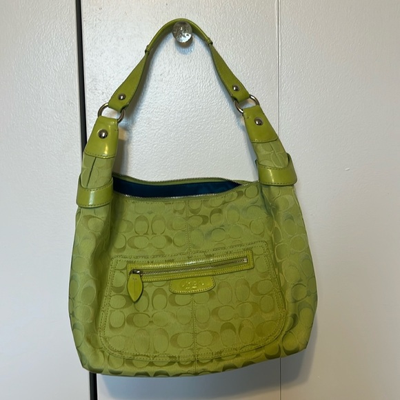 Coach | Bags | Coach Signature Jacquard Lime Green Purse With Blue ...